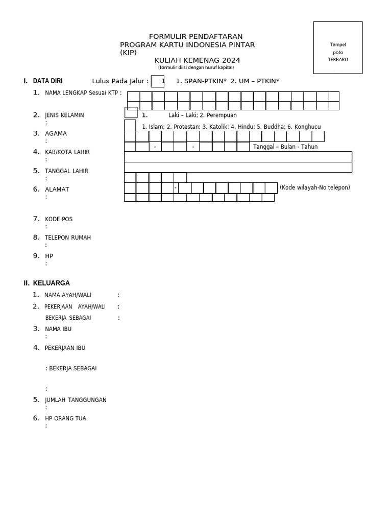 Formulir Pendaftaran Program Kip Kuliah 2024 | PDF
