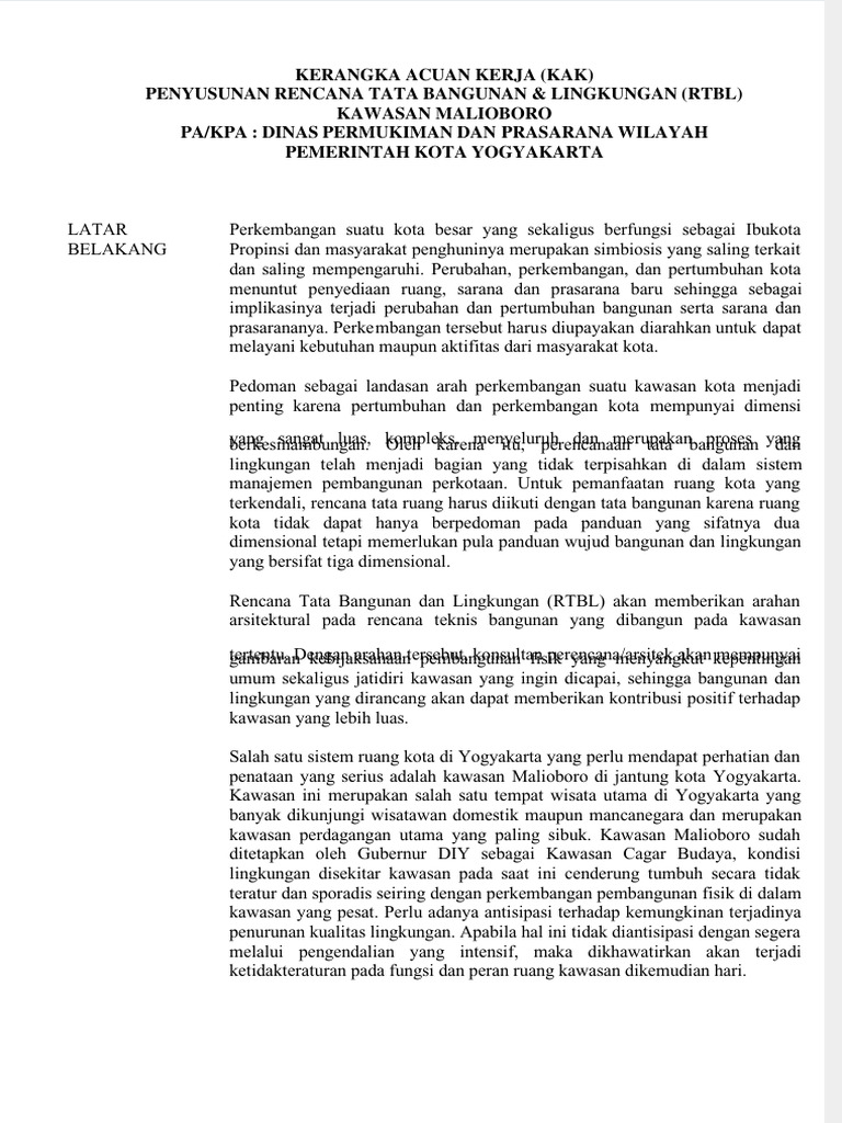 Kak Perencanaan RTBL Malioboro | PDF