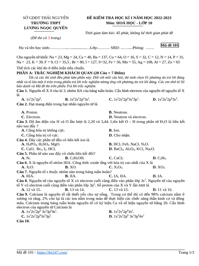 De Cuoi Ki 1 Hoa Hoc 10 Nam 2022 2023 Truong Luong Ngoc Quyen Thai Nguyen | PDF