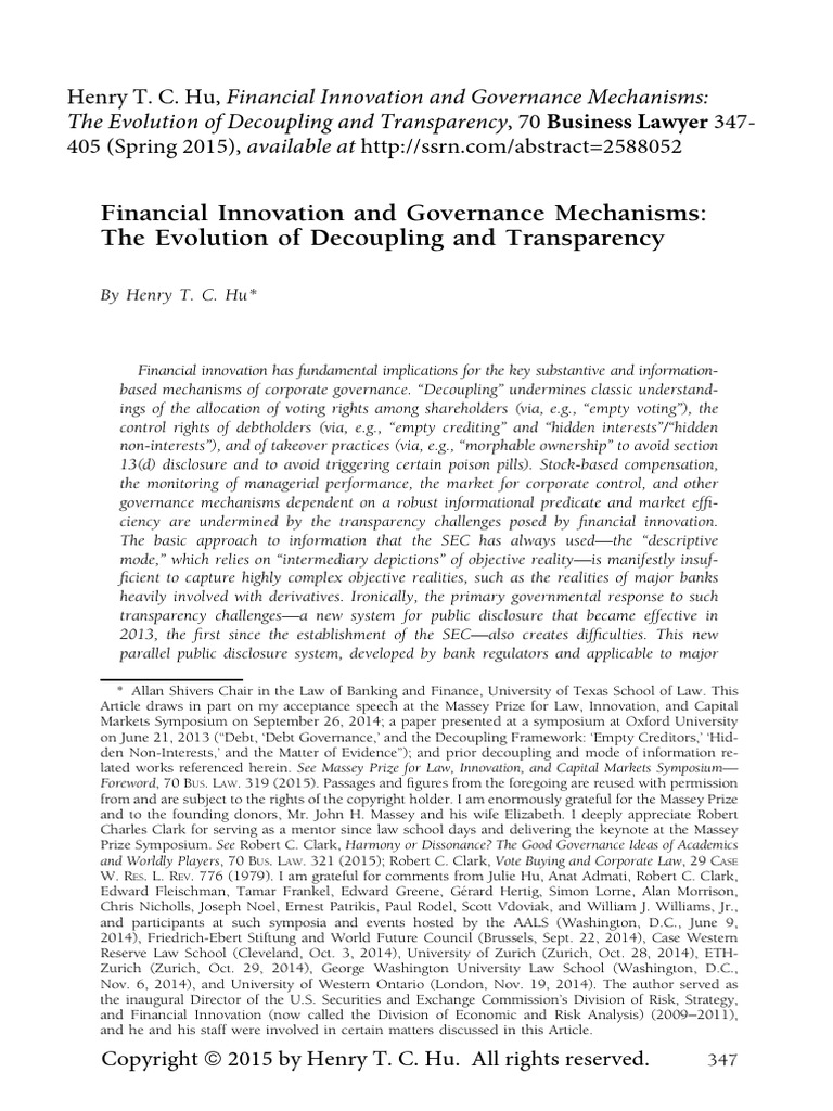 HU, Henry T. C. Financial Innovation and Governance Mechanisms - The ...