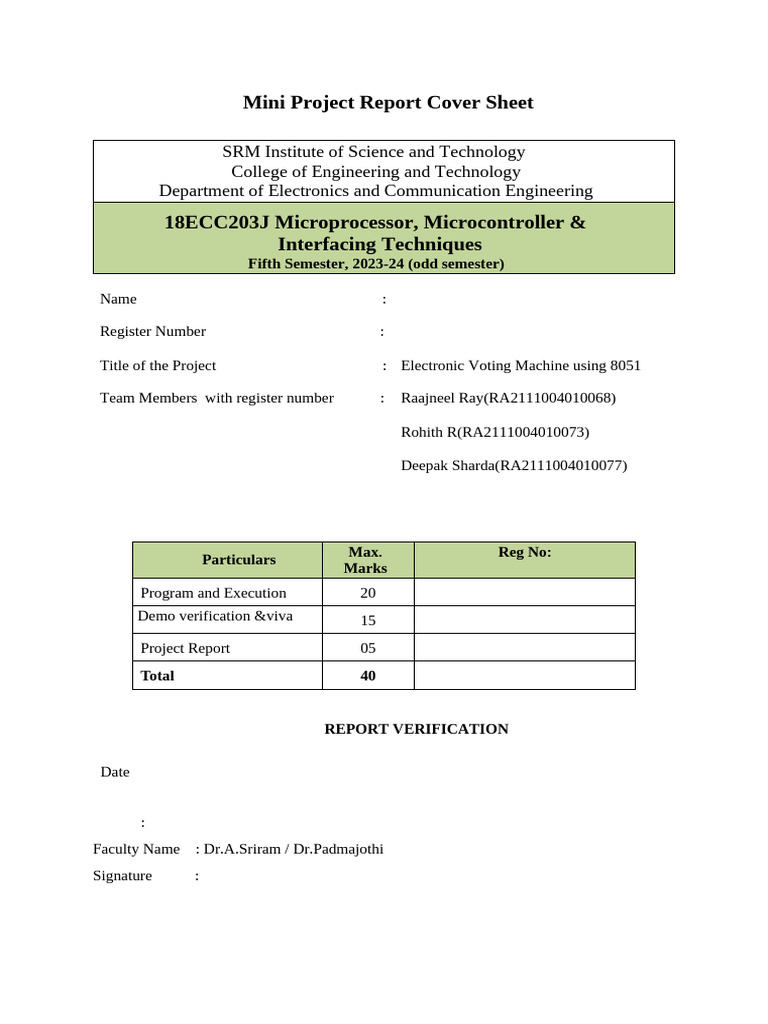 Mini Project Report Cover Sheet | PDF