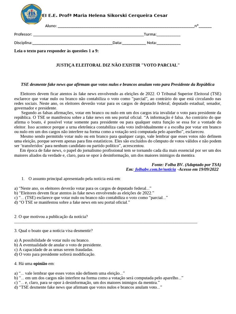 Prova de Português 9°ano 1°bimestre | PDF