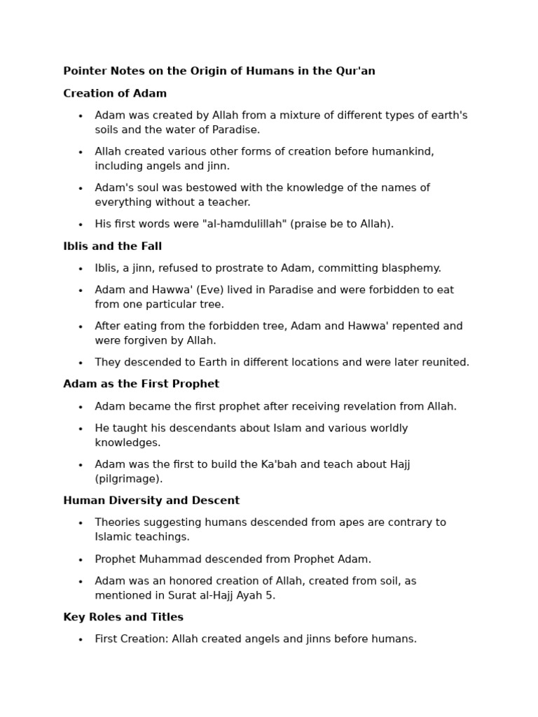 Pointer Notes On The Origin of Humans in The Qur | PDF