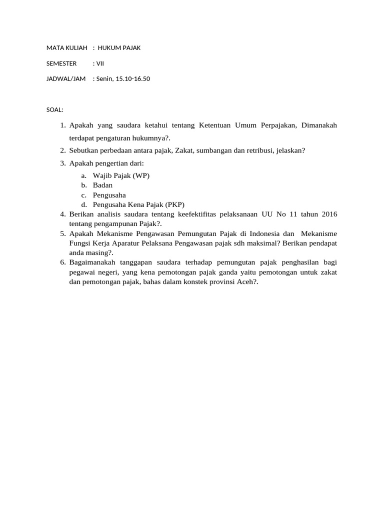 Soal Quis HK Pajak Senin | PDF