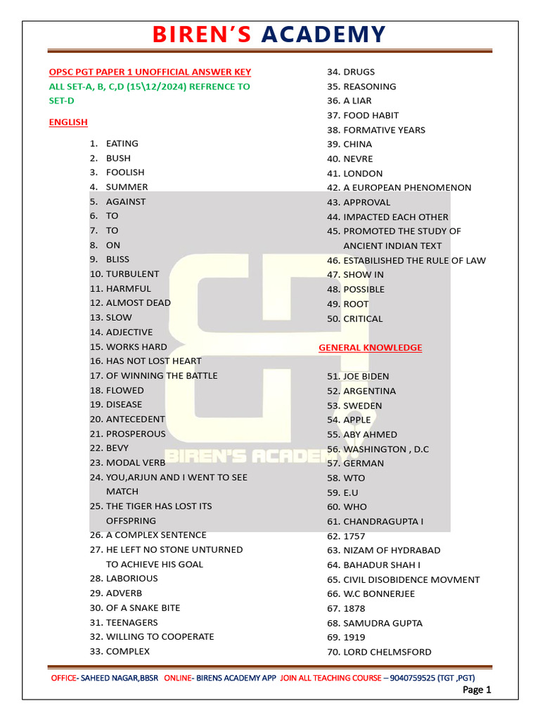 Opsc Paper 1 Answer | PDF
