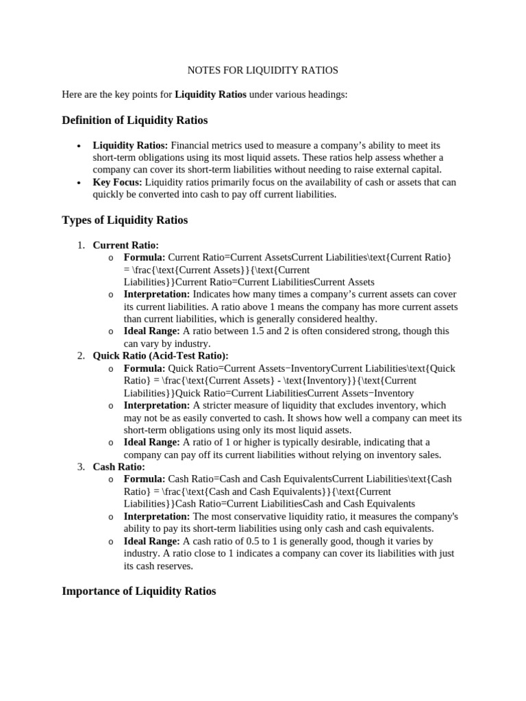 Notes For Liquidity Ratios | PDF