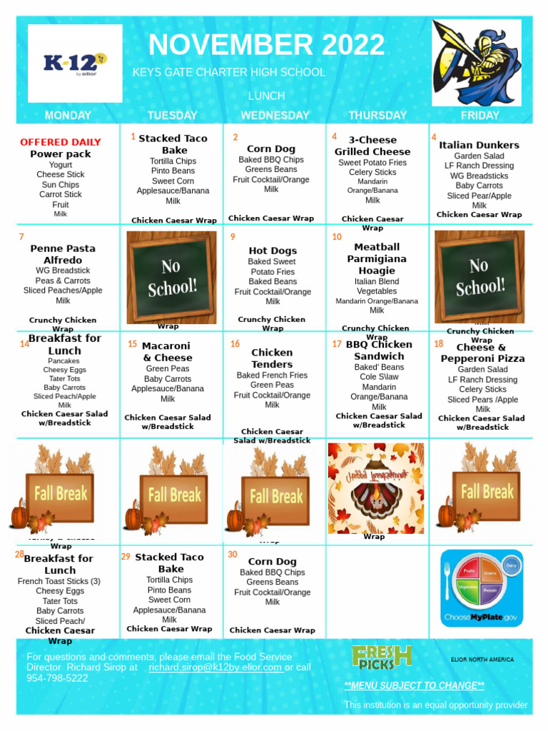 Keys Gate Chs November 2022 Lunch Menu | PDF