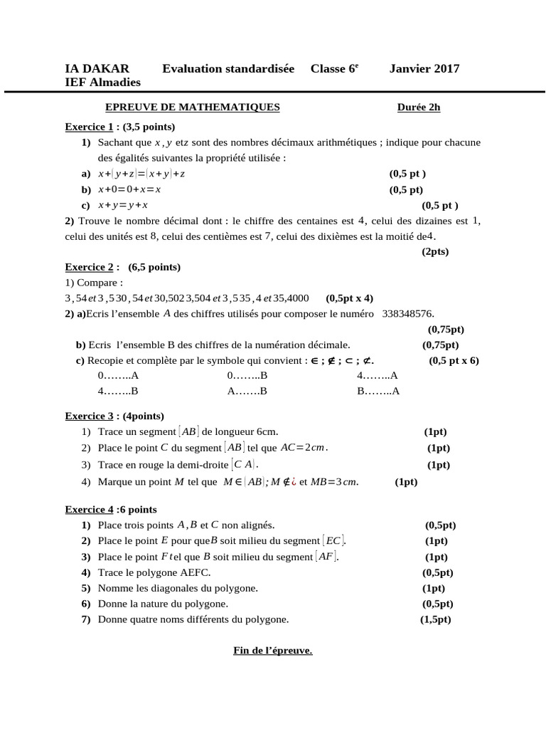 Epreuve Maths 6ème 2016 Validée 30 | PDF