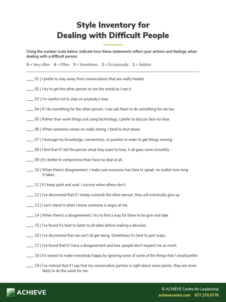 Style Inventory For Dealing With Difficult People Fillable | PDF