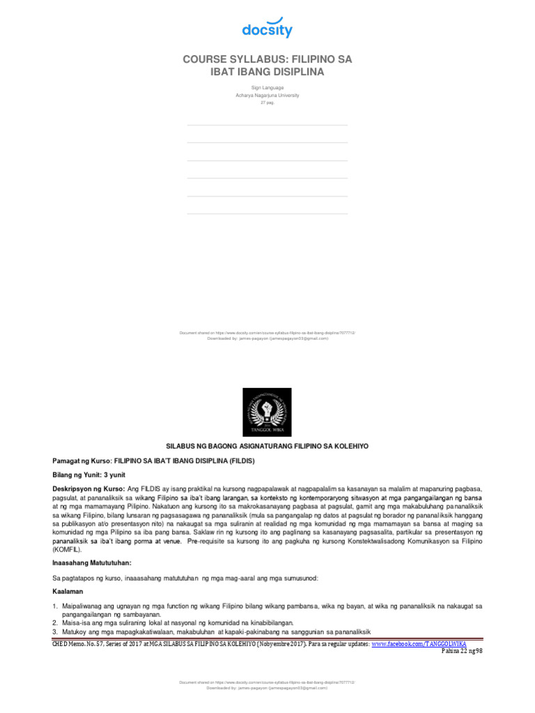 Docsity Course Syllabus Filipino Sa Ibat Ibang Disiplina | PDF