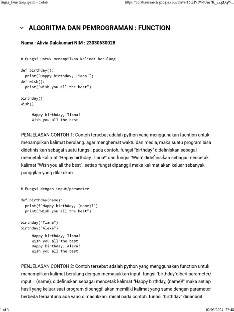 Alivia Dalakumari 23030630028 Tugas Function | PDF
