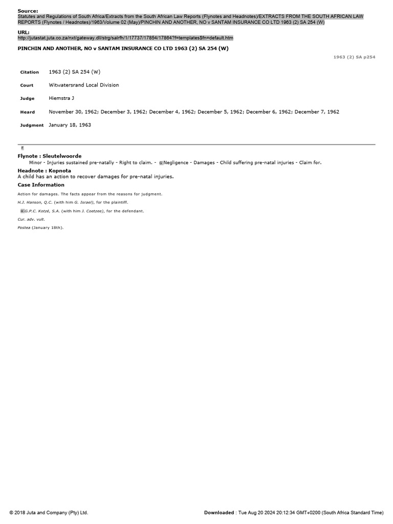 PINCHIN AND ANOTHER, NO V SANTAM INSURANCE CO LTD 1963 (2) SA 254 (W) | PDF