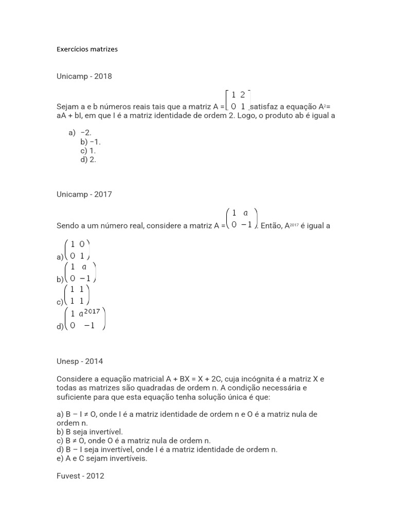 Exercícios Matrizes Unicamp | PDF