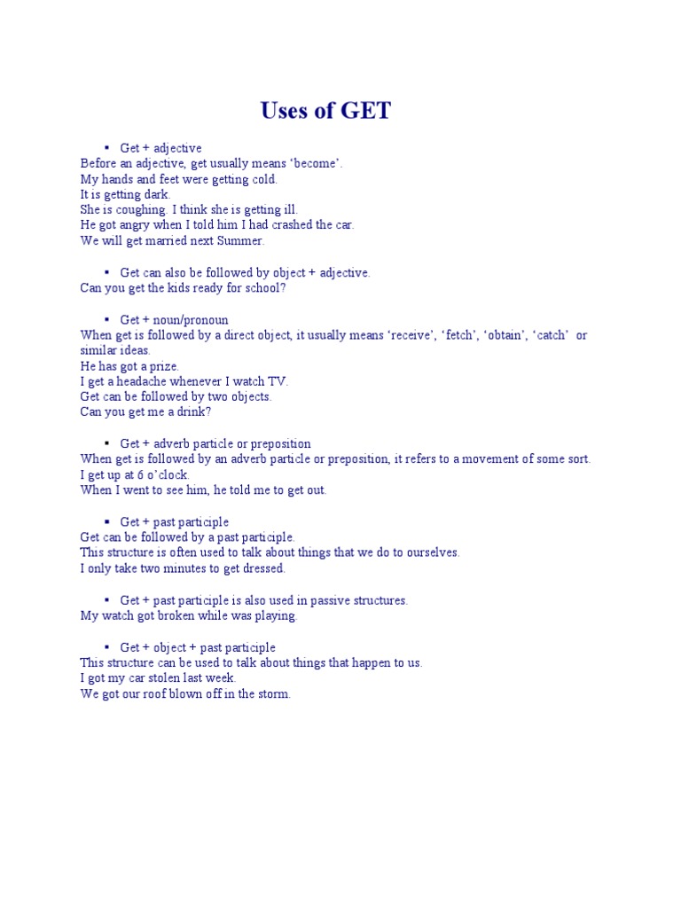 Uses of Get | Download Free PDF | Adjective | Preposition And Postposition