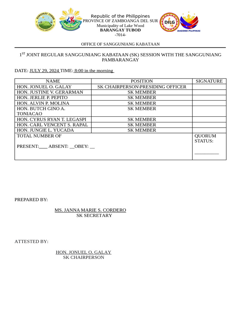 1st Joint Regular Session Attendance | PDF