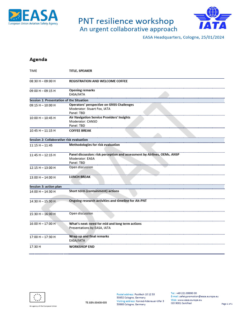 Easa-Iata PNT Workshop - Draft Agenda | PDF
