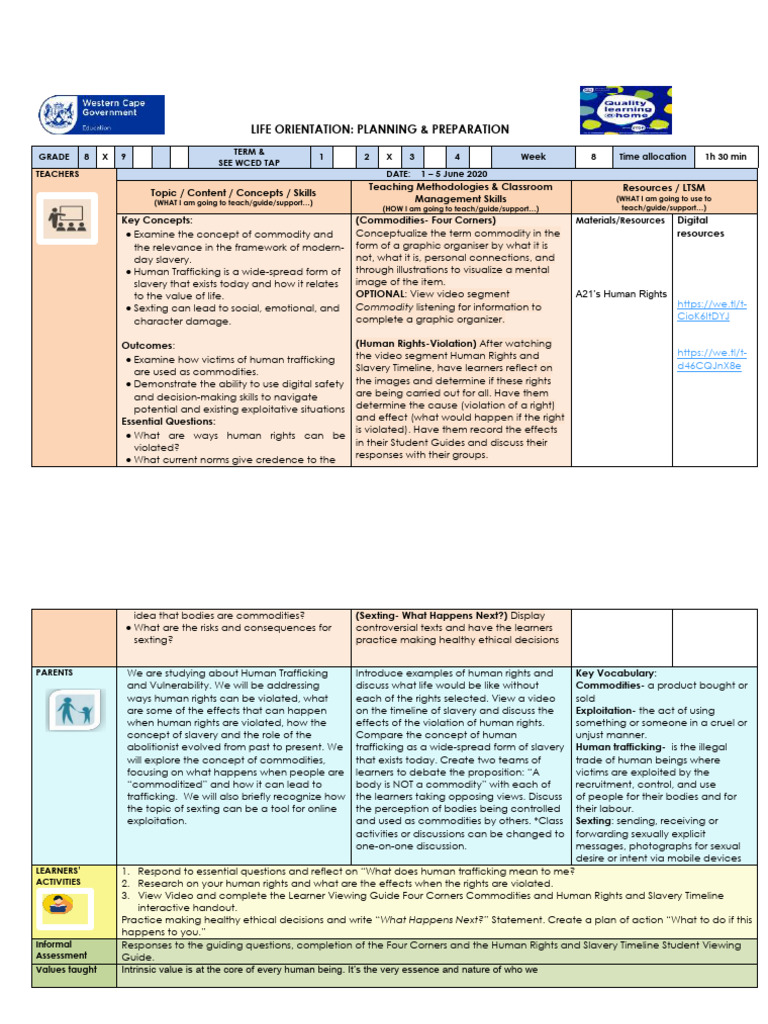 Lesson Plan GET SP Grade 8 Life Orientation Term 2 Week 8 | PDF