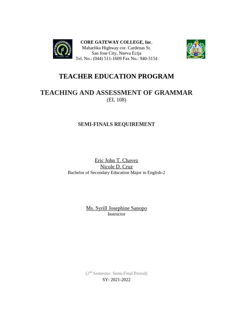 EL 108 - Chavez, Eric John & Cruz, Nicole - BSED-2 English - 100-Item Assessment in Grammar and ...