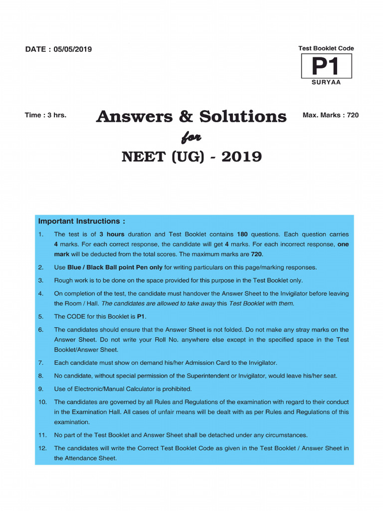 NEET - 2019 Question Paper | PDF
