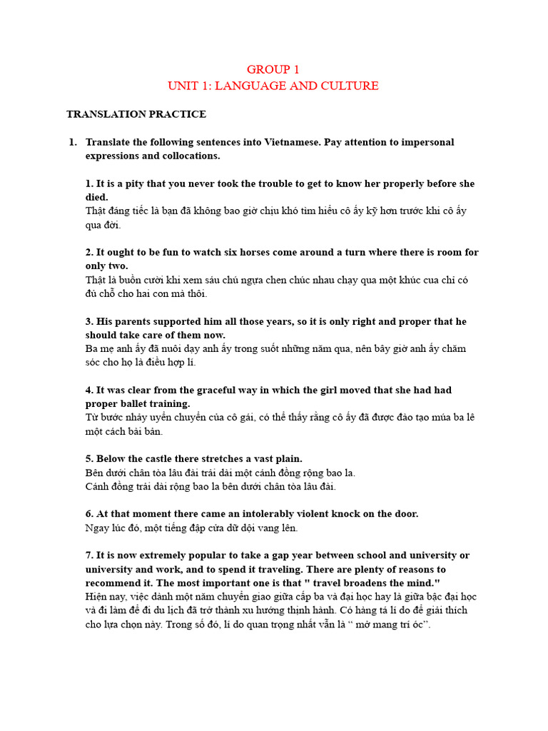 Translation 1 - Unit 1 - Language and Culture | PDF