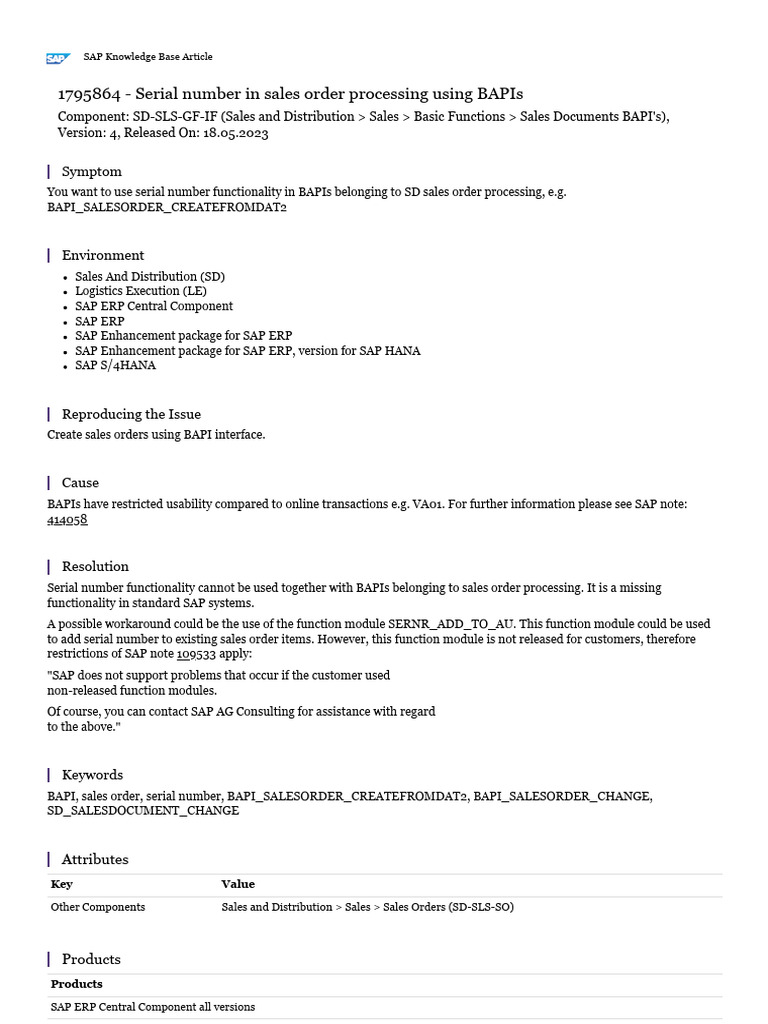 Serial Number In Sales Order Processing Using Bapis Pdf Computers