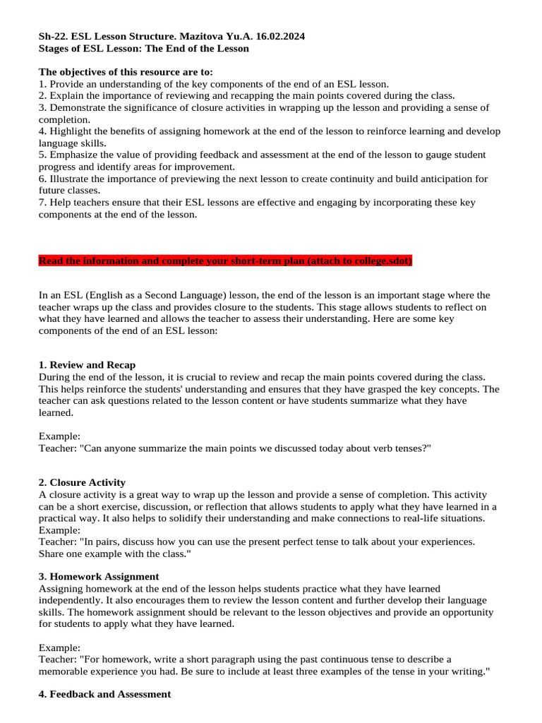 Stages of ESL Lesson The End of The Lesson | PDF