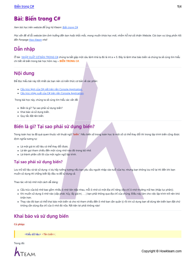 HOWKTEAM.VN - Biến trong C# | PDF