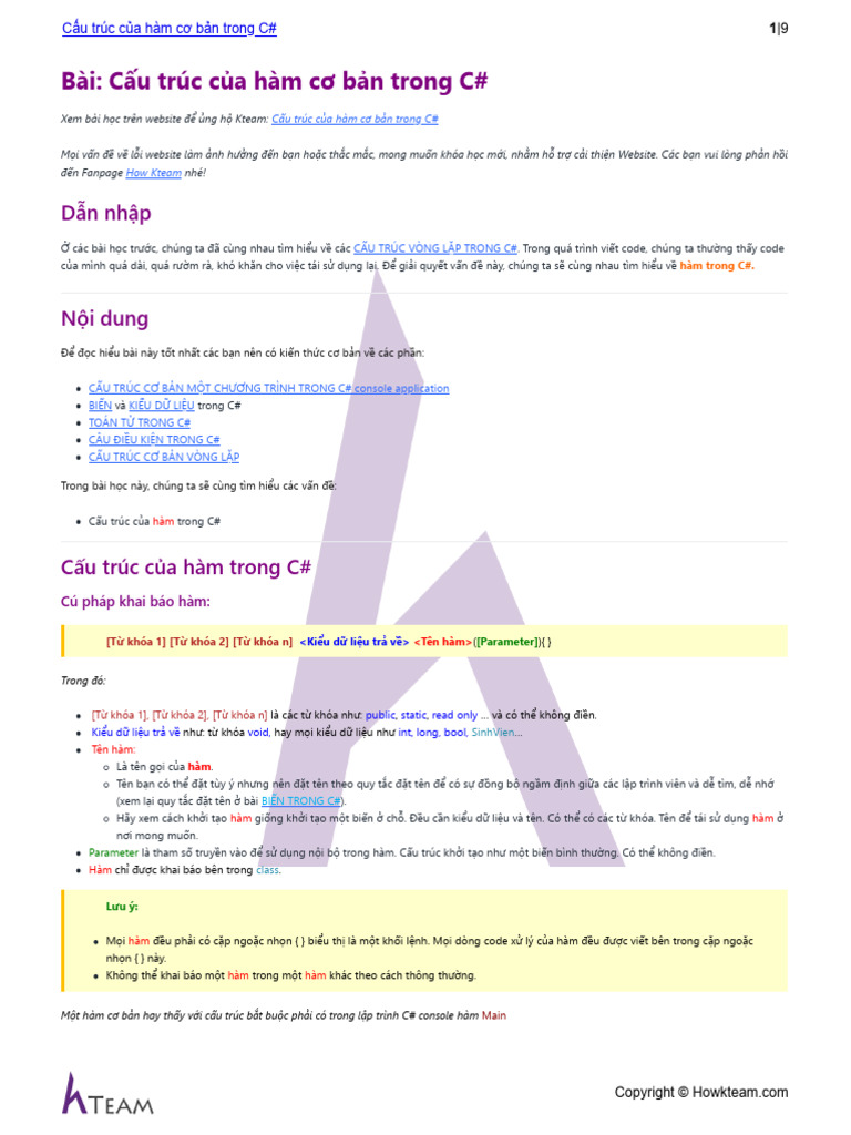 HOWKTEAM.VN - Cấu trúc của hàm cơ bản trong C# | PDF