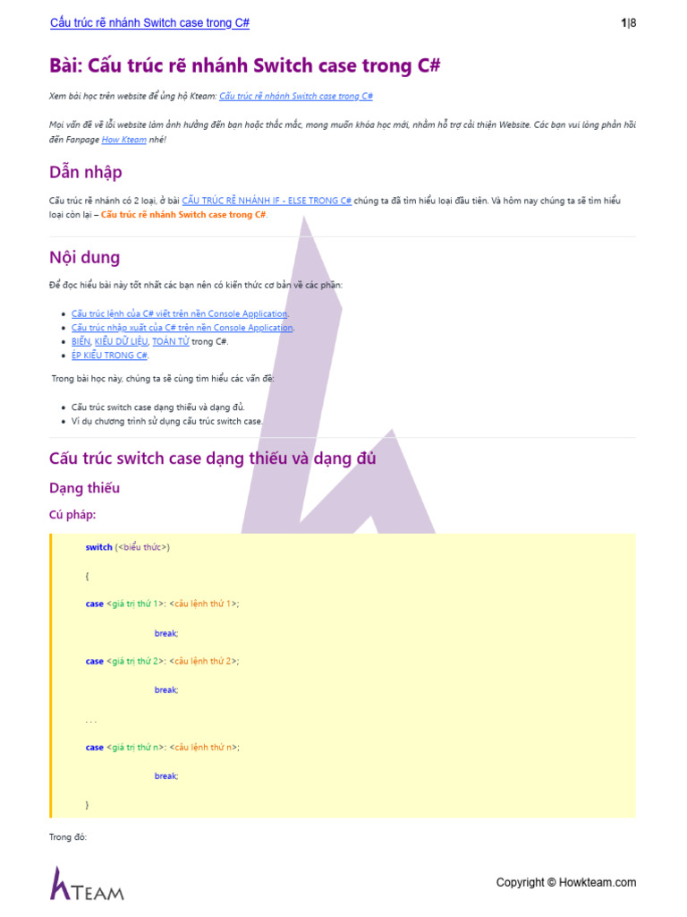 HOWKTEAM.vn - Cấu Trúc Rẽ Nhánh Switch Case Trong C# | PDF