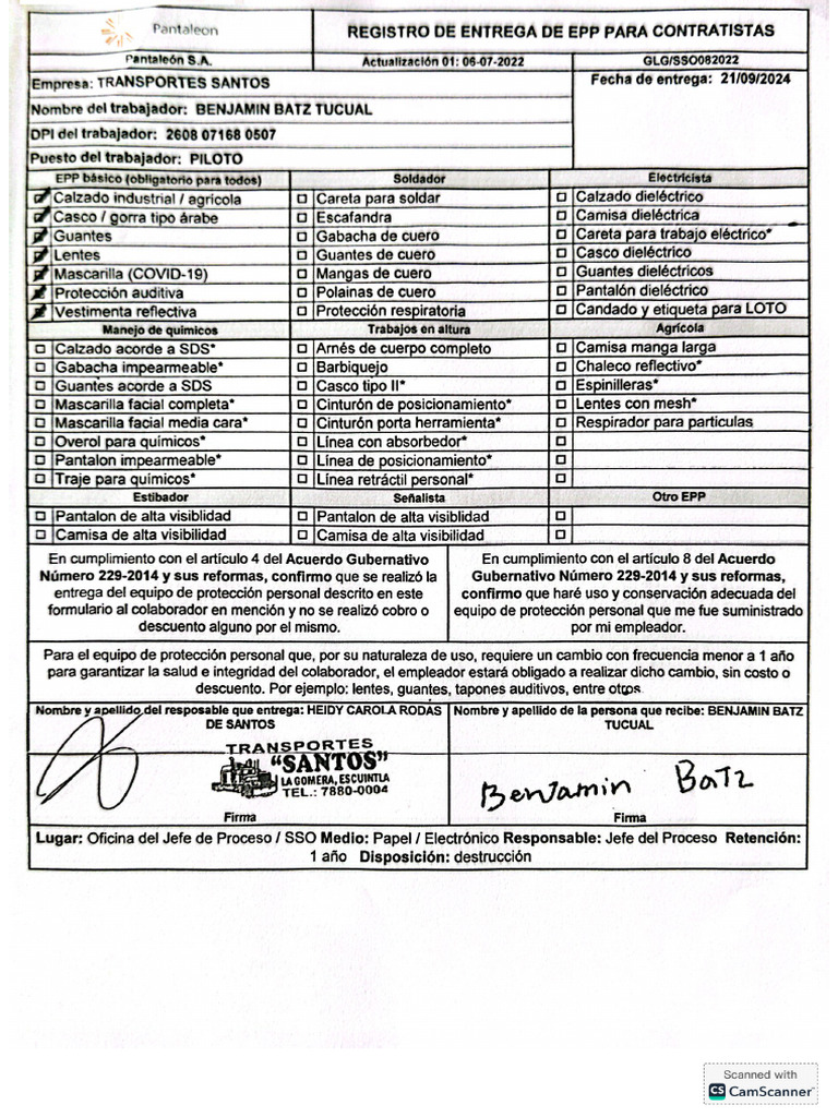 Registro de EPP Benjamin Batz | PDF