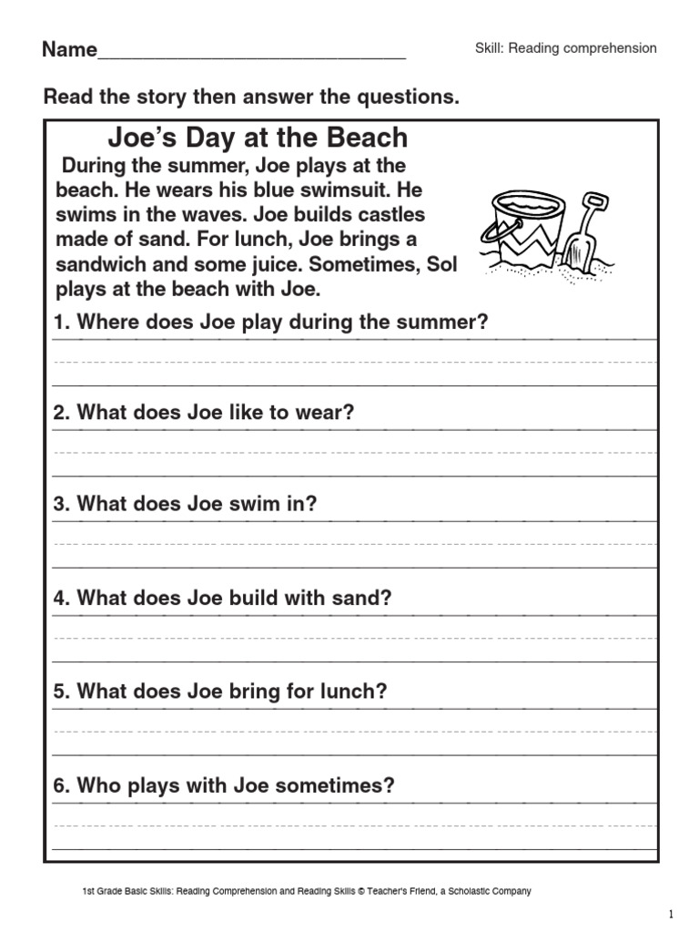 Joe's Day at The Beach (Reading Comprehension) | PDF