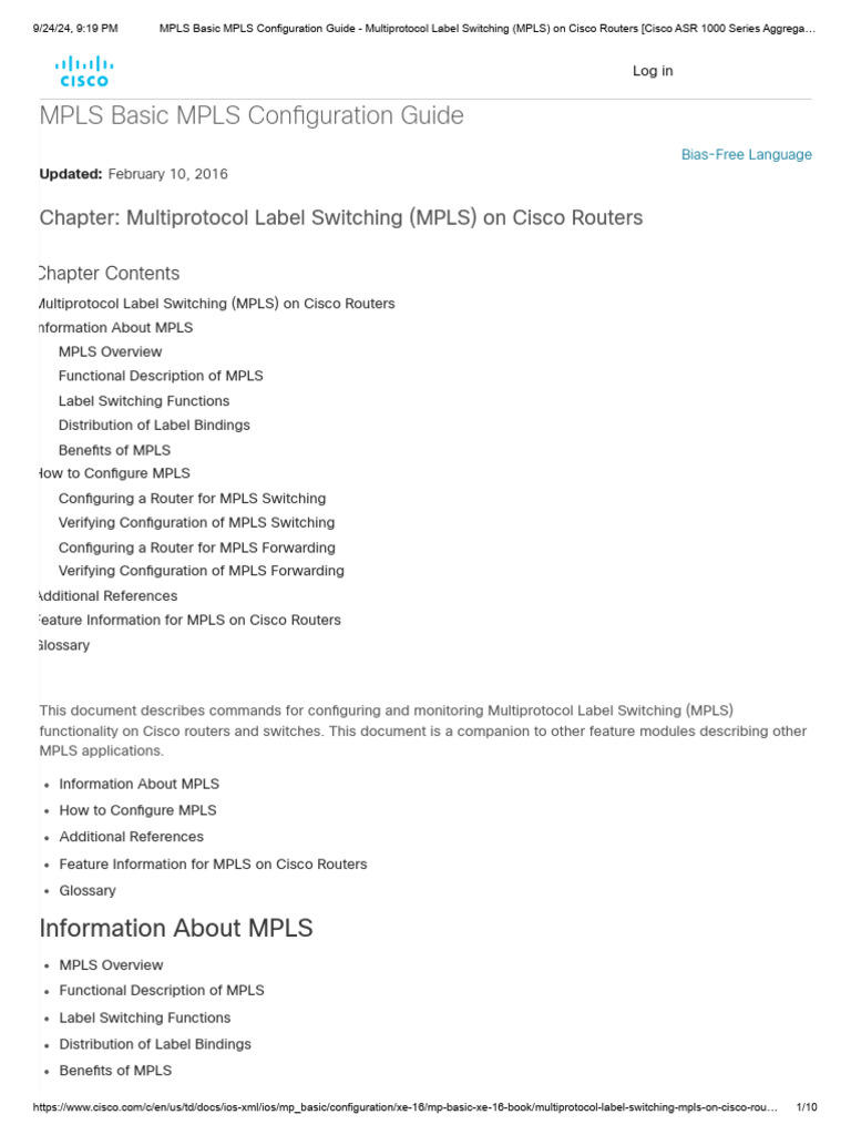 Mpls Basic Mpls Con Guration Guide Chapter Multiprotocol Label Switching Mpls On Cisco 2184