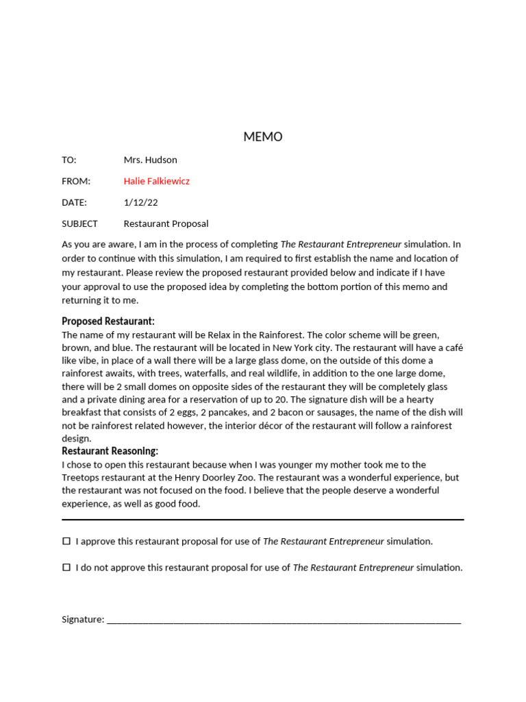 Halie Falkiewicz - Restaurant Memo | PDF