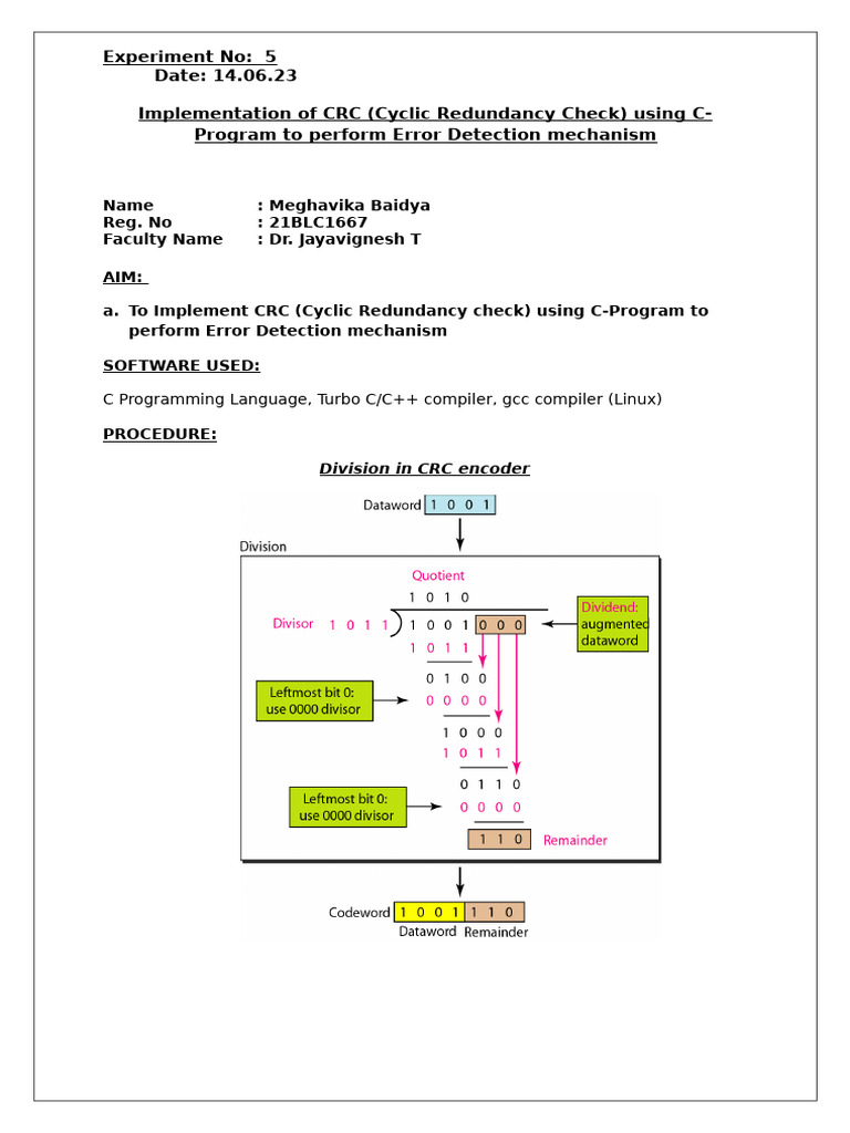 Expt 5b - Implementation of Cyclic Redundance Check Using C-Program | PDF | Error Detection And ...
