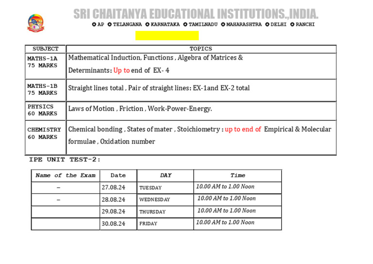 27-08-24 To 30-08-24 - JR NPL - Ipe Ut-2 - Time Table & Syllabus | PDF