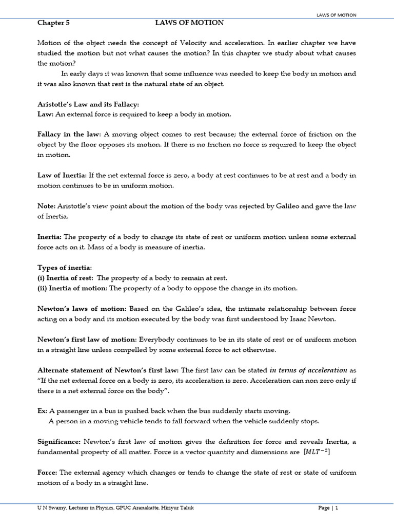 1st Puc Physics Chapter5-Laws of Motion Notes by U N Swamy | PDF ...