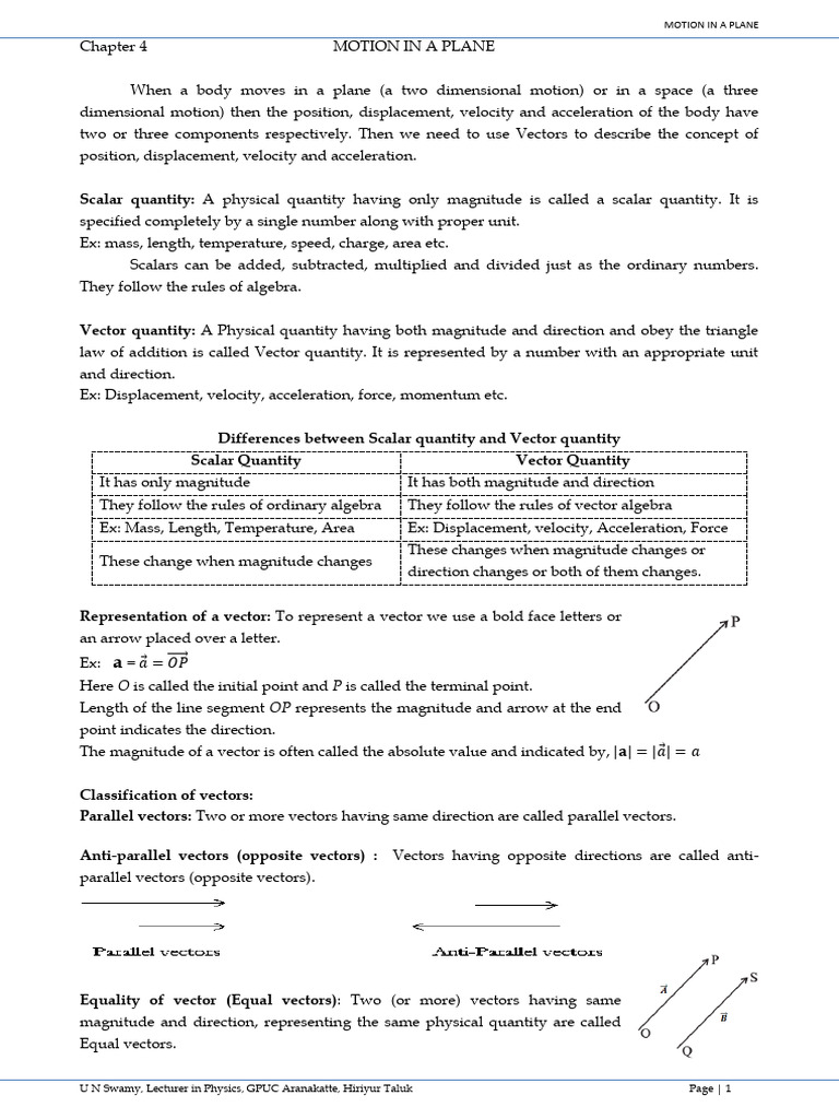 1st Puc Physics Chapter4-Motion in A Plane Notes by U N Swamy | PDF