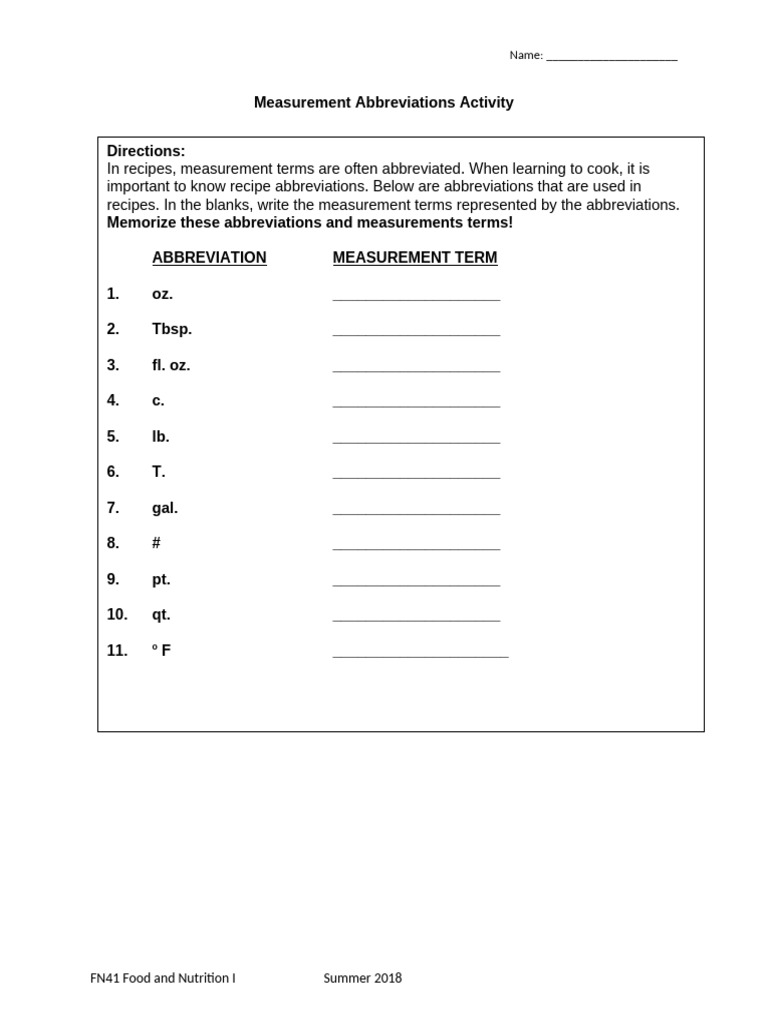FN41.2.04.Measurement Abbreviations Activity | PDF