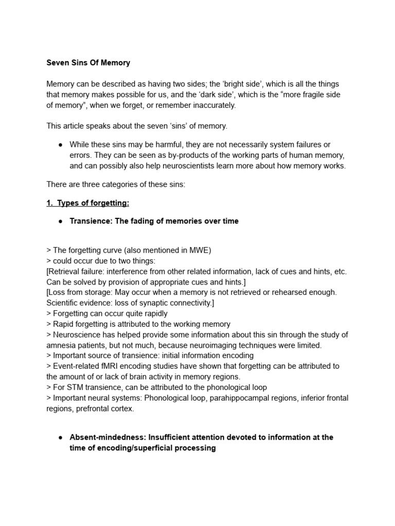 The Seven Sins of Memory Notes | PDF | Recall (Memory) | Self-Improvement