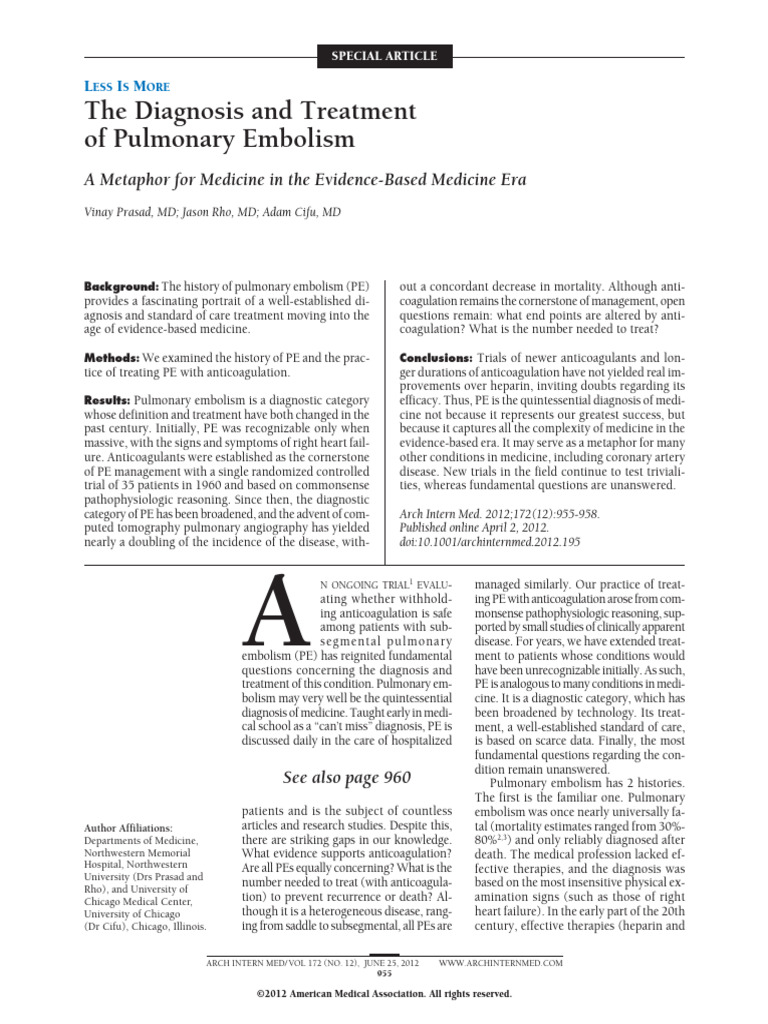 2012 The Diagnosis and Treatment of Pulmonary Embolism | PDF