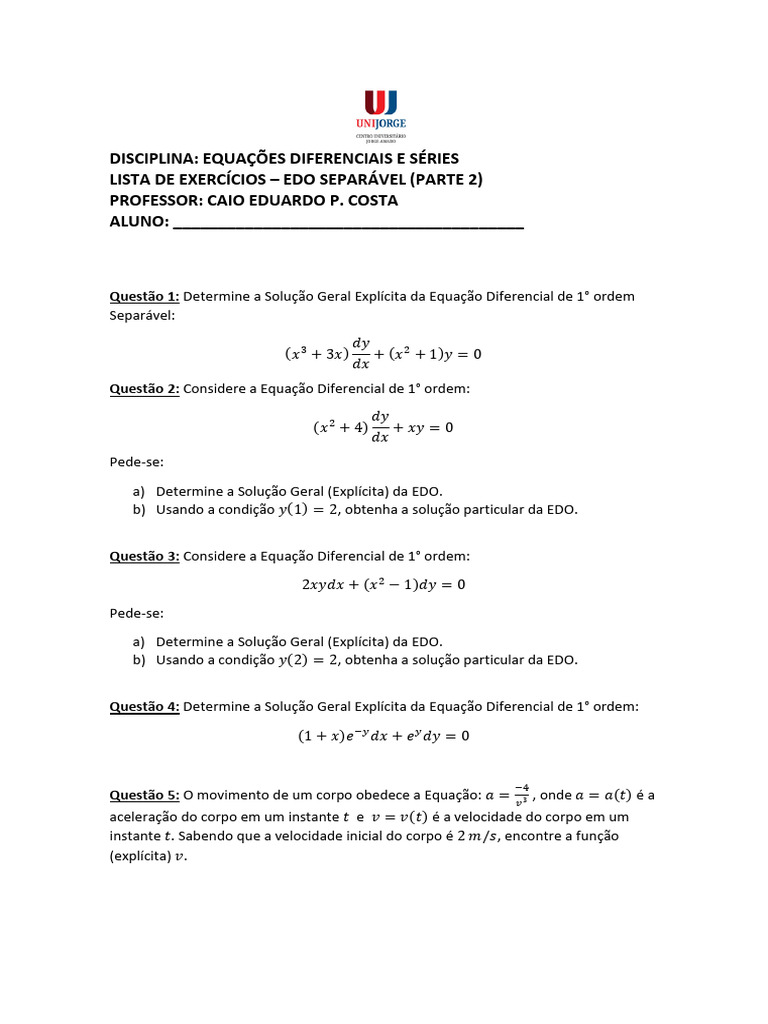 Lista - Edo Separável - Parte 2 - 2023.2 | PDF