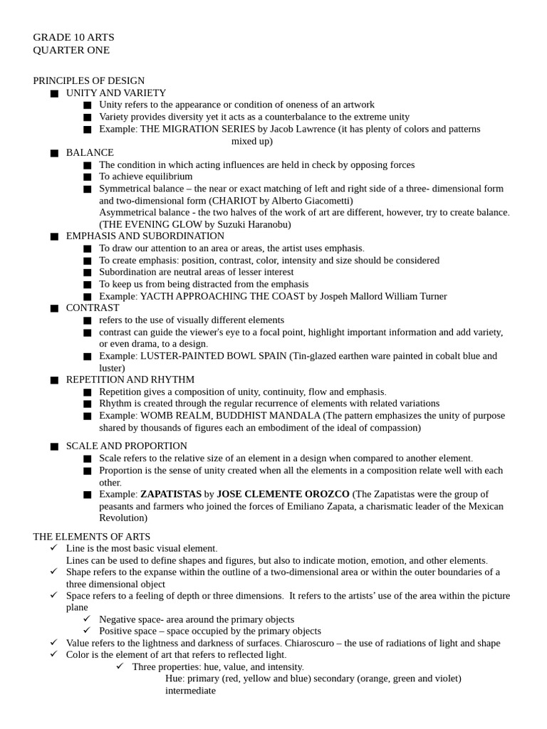 Grade 10 Arts 1 | PDF