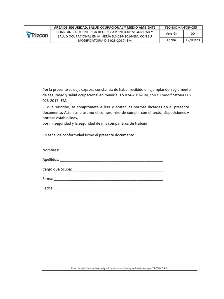 3.1.1. TZC-SSOMA-FOR-055 Constancia de Entrega Del RISSO en Mineria D.S 024-2016-EM, Con Su ...