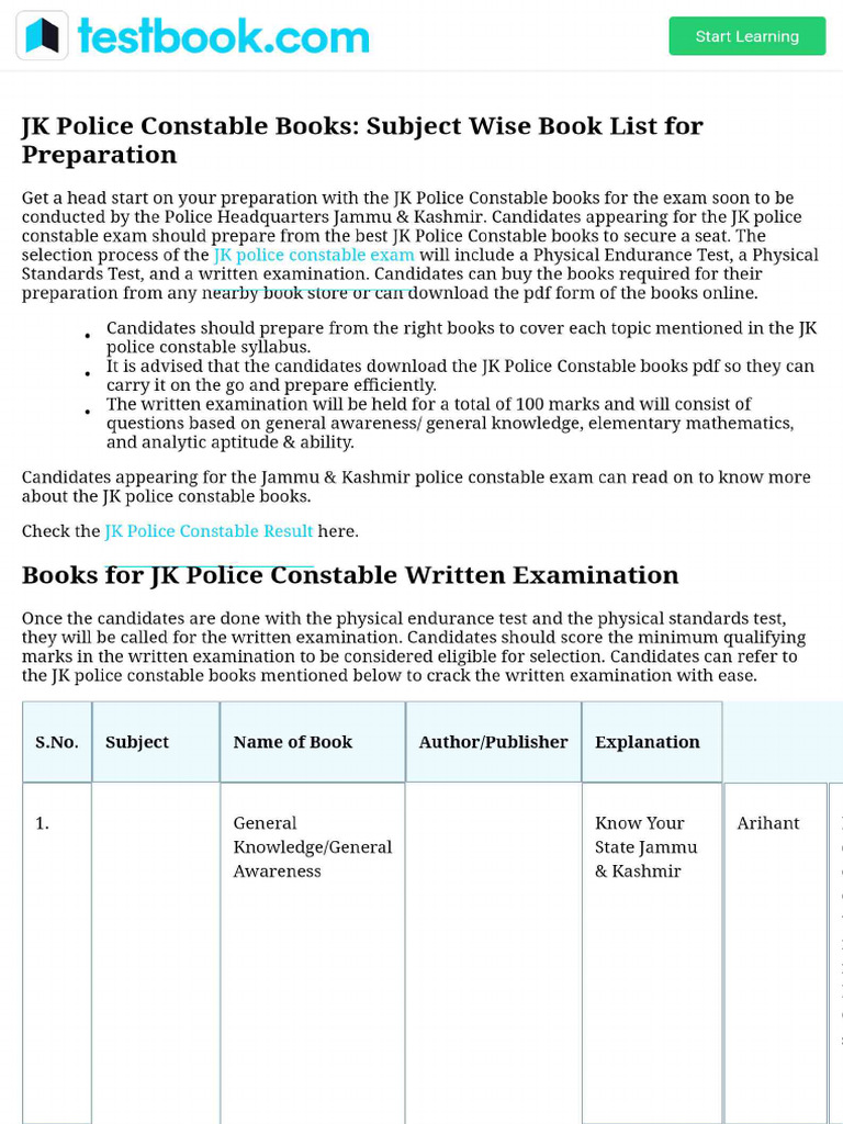 JK Police Constable Books - Subject Wise Book List For Preparation | PDF