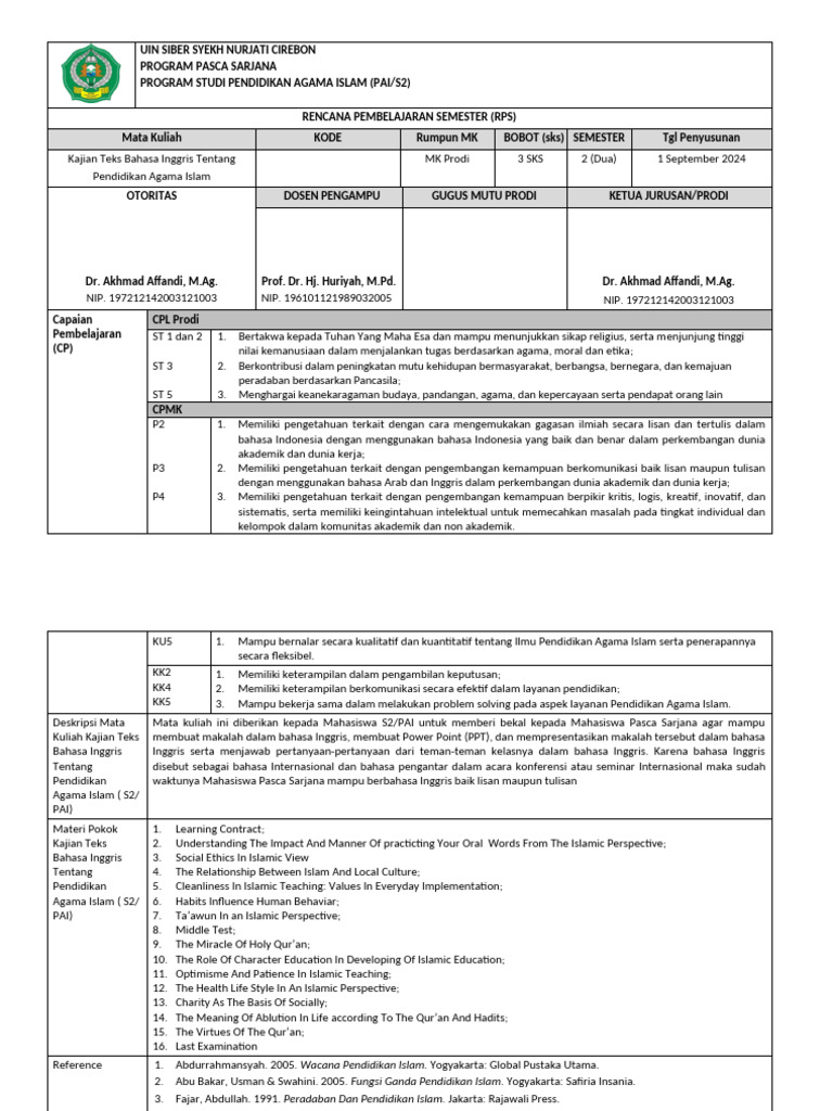RPS - S2 - PAI - 2024 Bahasa Inggris | PDF