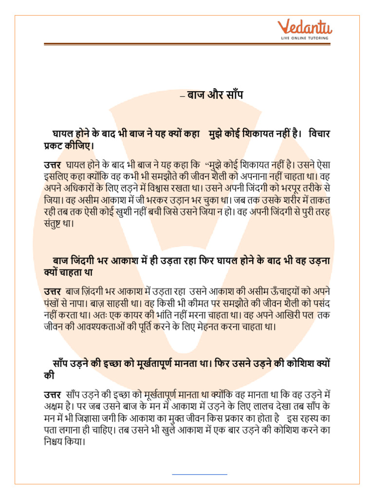 NCERT Solutions For Class 8 Hindi Chapter 17 - Baaj Aur Saanp - . | PDF