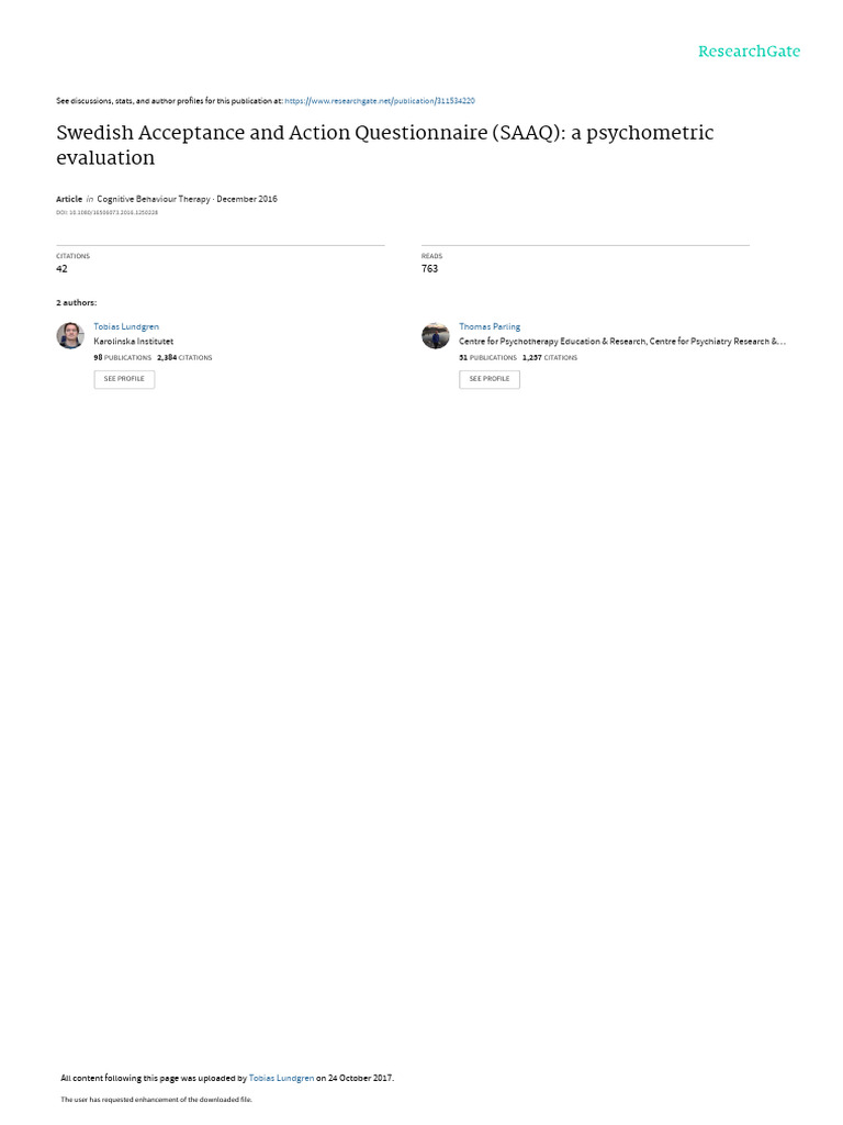 Swedish Acceptance and Action Questionnaire SAAQ A | PDF