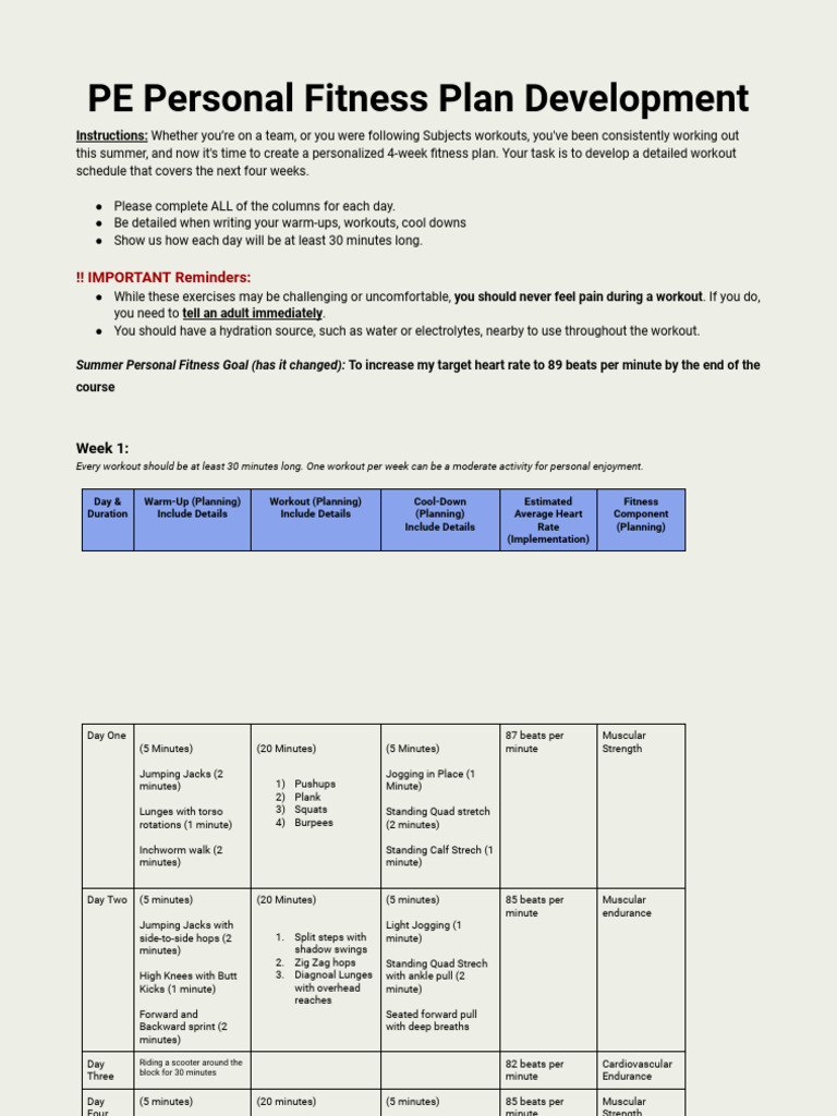 PE Personal Fitness Plan Development | PDF