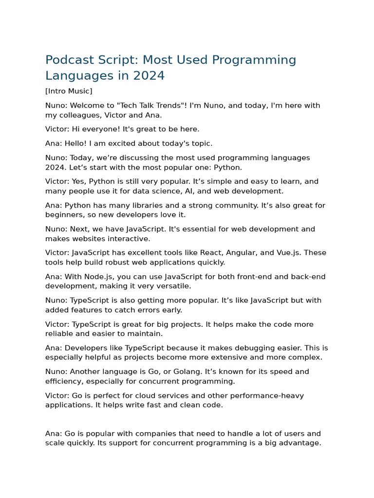 Podcast Script: Most Used Programming Languages in 2024 | PDF