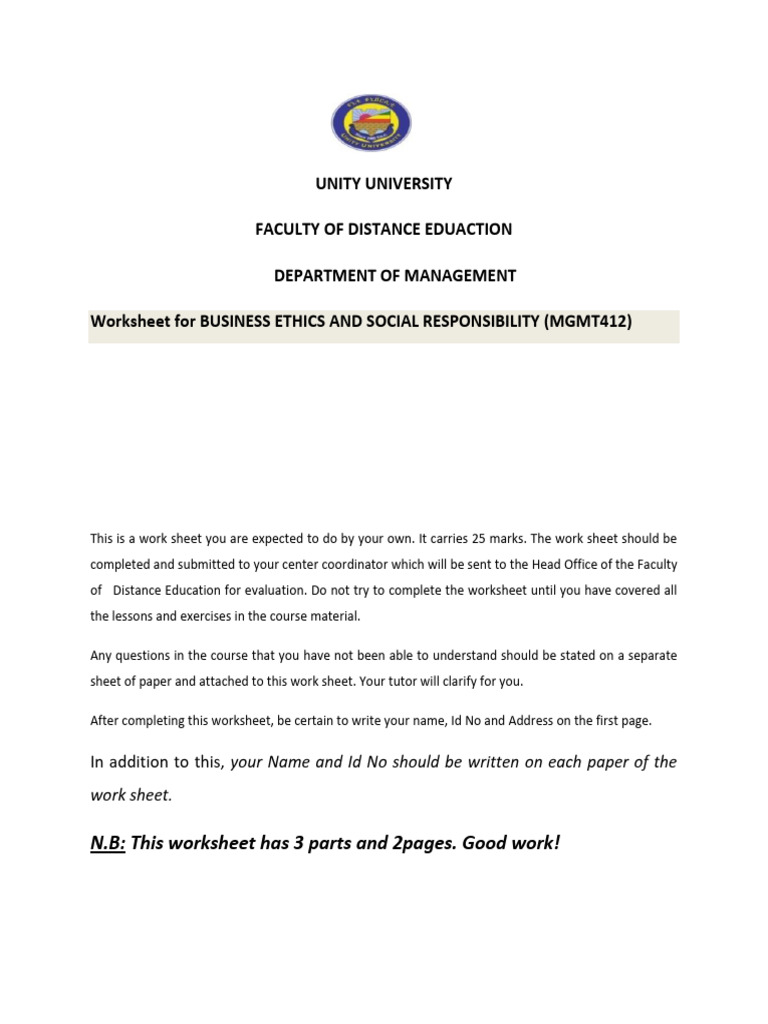 New Worksheet For 'Business Ethics and Social Responsibility' | PDF
